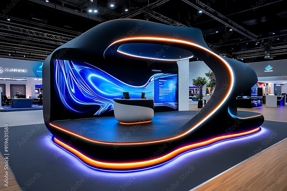 Futuristic exhibition booth with modern design, featuring glowing LED ...