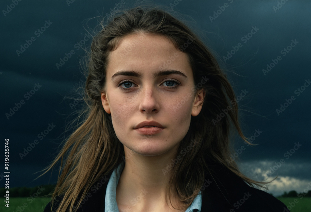 stormy weather, young adult french caucasian woman outside portrait ...