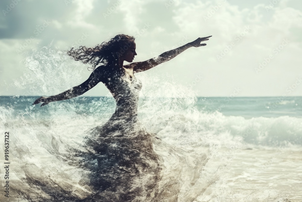 Double exposure photography of a dancer with waves crashing on a beach ...