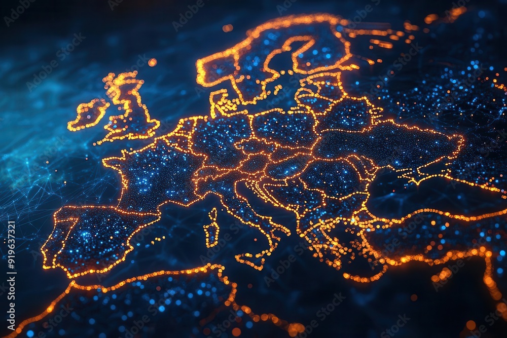 abstract map of western europe formed by glowing network lines digital ...