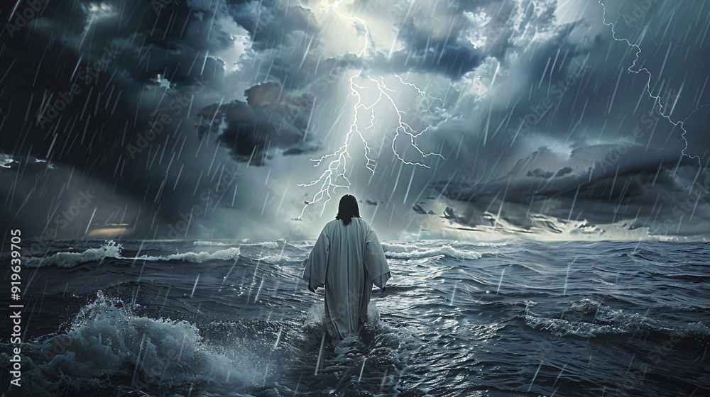 Jesus christ defying the storm by walking on water as lightning strikes ...