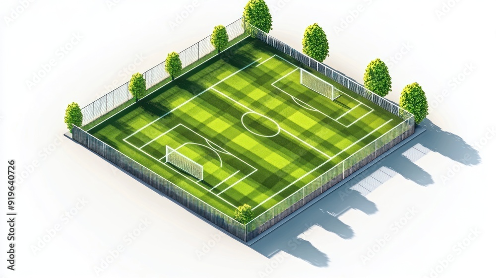 An isometric illustration of a small, enclosed football pitch with ...