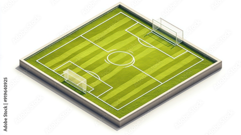 Isometric illustration of a soccer field with goals, lines, and field ...