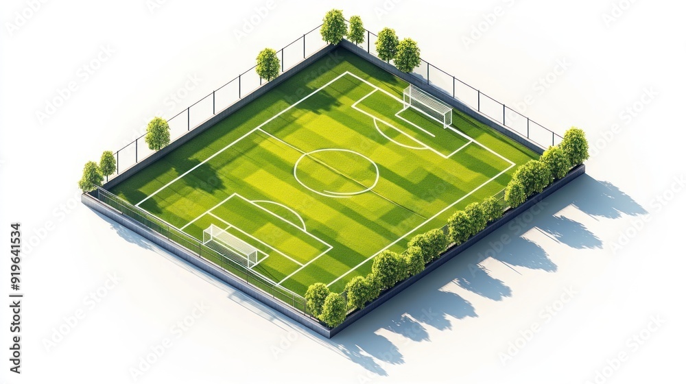 This image shows an isometric illustration of a soccer field with white ...