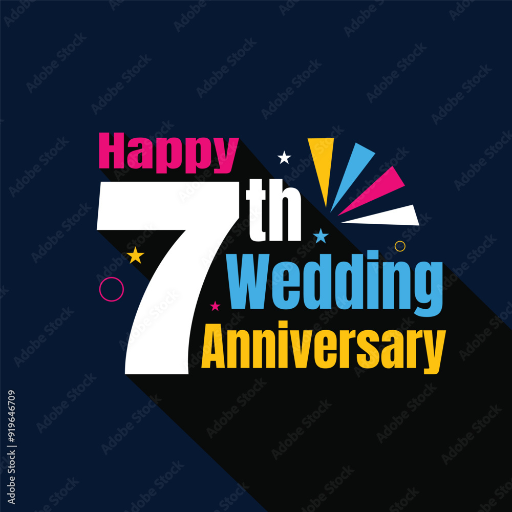 Happy 7th weeding anniversary colorful typography greeting card. Modern ...