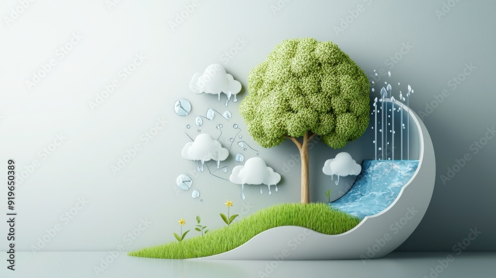 Visual diagram illustrating the water cycle stages with detailed icons ...