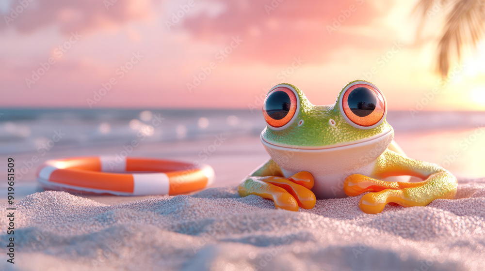 3D cartoon happy big-eyed frog is lying on the beach at the seaside in ...
