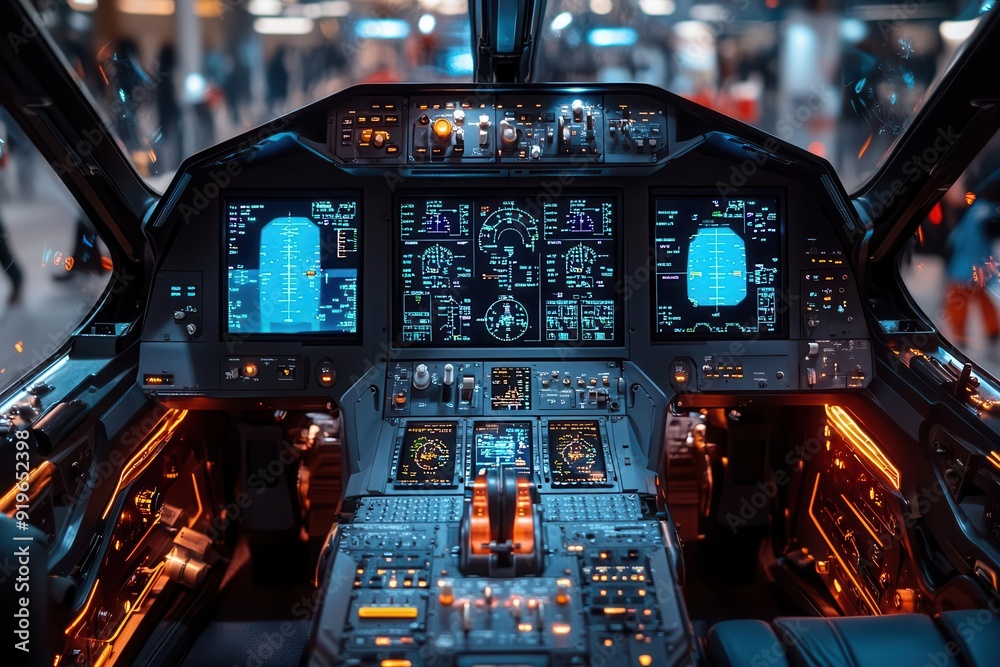 detailed view of a modern aircraft cockpit hightech displays and ...