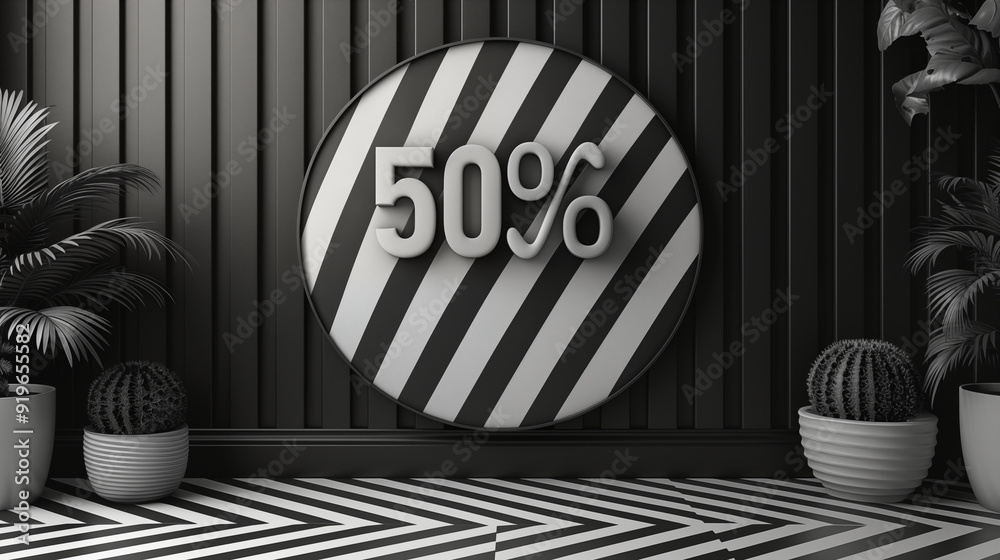 Minimalist black and white 50% discount display with striped background ...