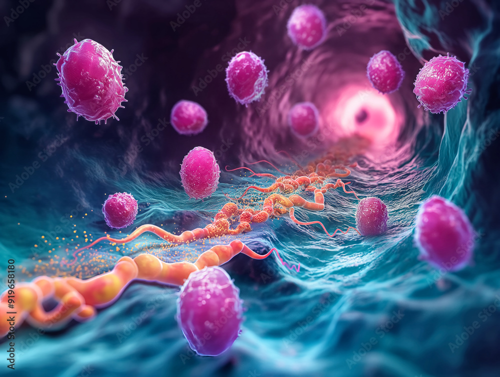 A bunch of pink and orange bacteria are swimming in a blue ocean. The ...