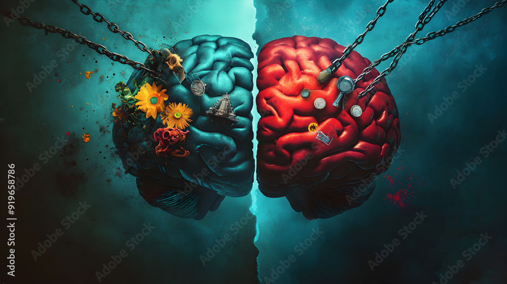 A Brain Split Into Two Halves One Side Shows Bright Colors And Symbols