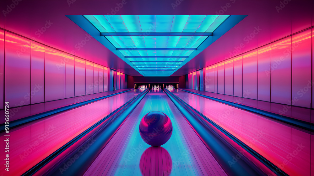 Violet bowling ball with reflective surface rolls in bowling alley with ...