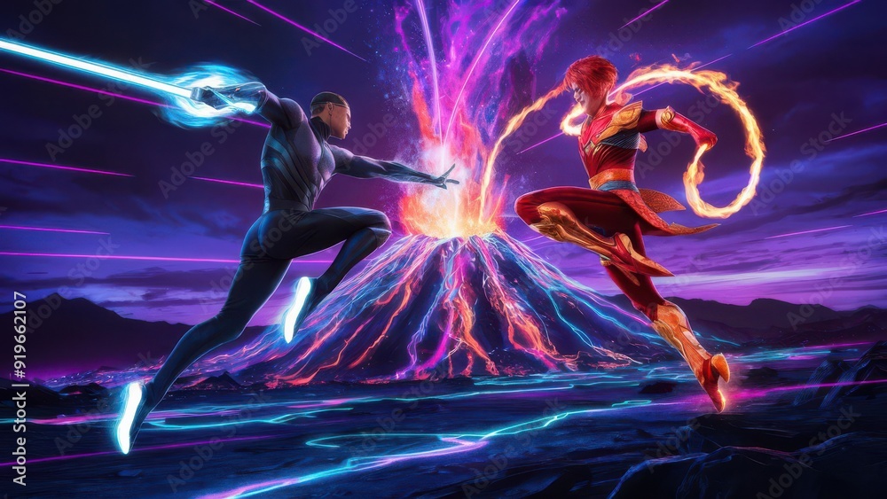 two humanoid figures with obscured faces, engaged in a battle of powers ...