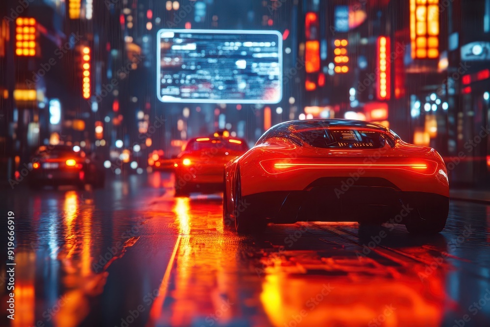 futuristic cityscape with autonomous vehicles on multilevel roads ...