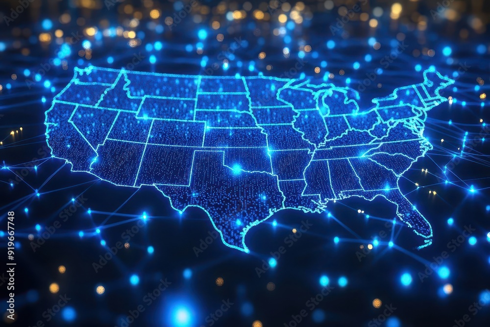 futuristic digital map of usa with glowing network connections dark ...