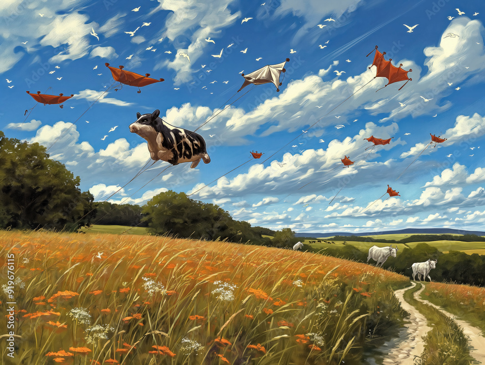 A cow is flying through the sky with a kite attached to its tail. The ...