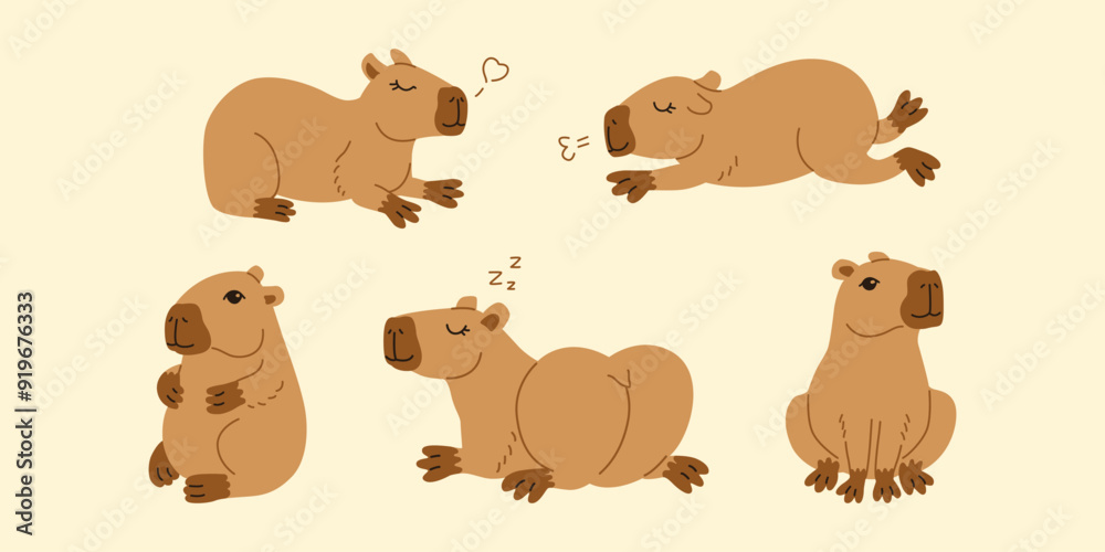 Cute capybara in various poses vector illustration set Funny capibara ...