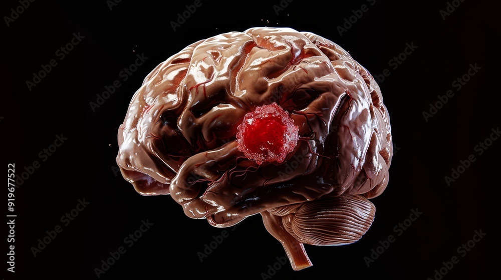 A 3D illustration depicting a human brain with a visible tumor. The ...