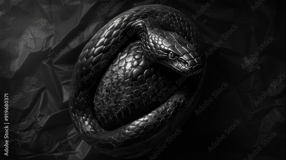 Black snake with a glossy texture, coiled on a dark, crumpled ...