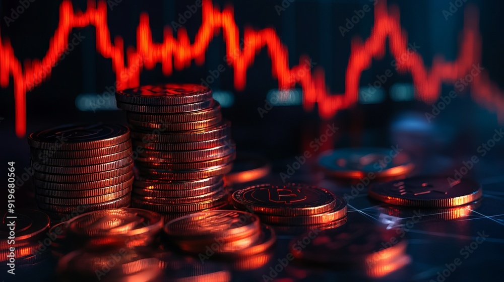 Depicting a financial economic crisis coins with economic graph charts ...