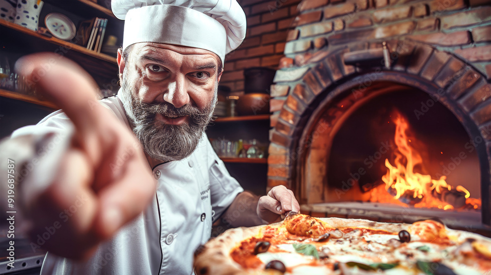 An Italian chef in a crisp white uniform proudly presents a delicious ...