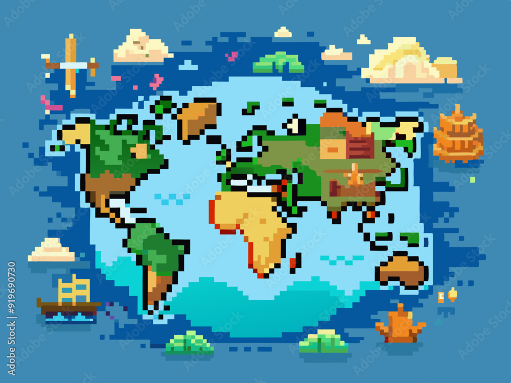 Pixel Earth. Globe world map in color and silhouette pixel art 8 bit ...