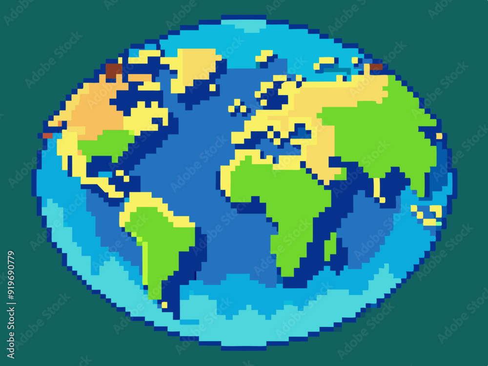 Pixel Earth. Globe world map in color and silhouette pixel art 8 bit ...