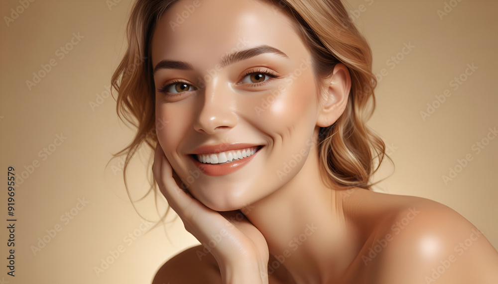 Golden Glow Profile of a Smiling Female Model with Warm Lighting ...