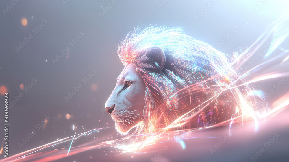 An illuminated lion lying down majestically amidst light trails ...