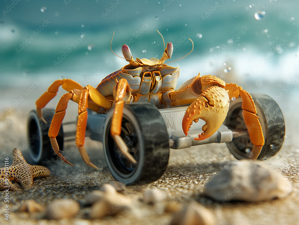 A crab is driving a car on a beach. The crab is orange and has a crab ...