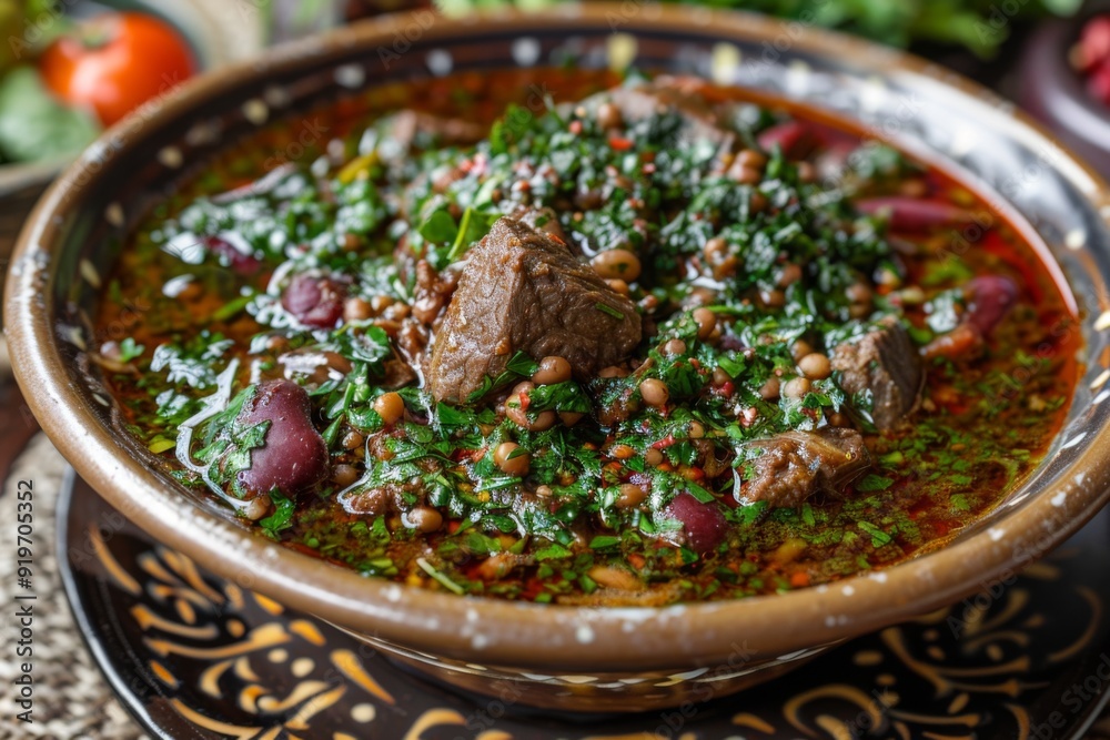 Foto de Ghormeh Sabzi: A bowl of ghormeh sabzi herb stew with lamb and ...