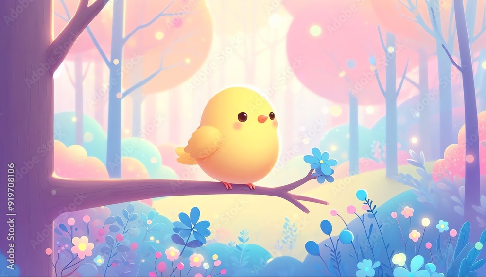 In the distance, a lovely yellow canary with a plump, puffy body and ...