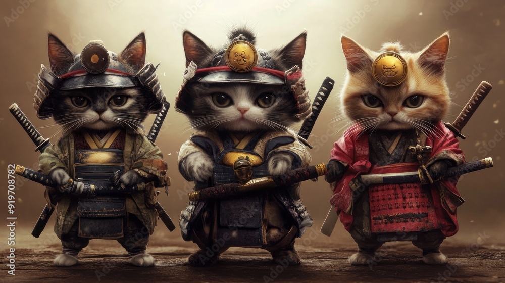 Cat character cute small chibi samurai ninja Armor costume background ...