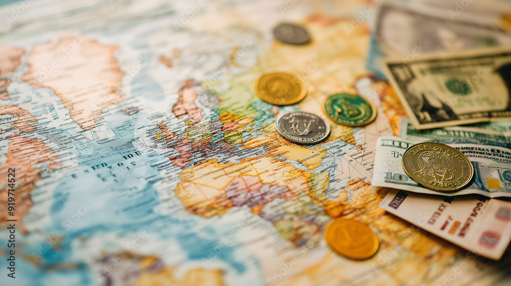 World map with scattered coins and US dollar bills. Stock Illustration ...