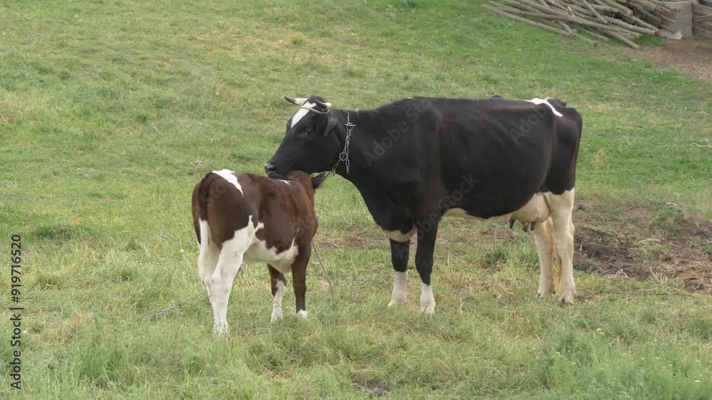 Mother cow takes care of her calf. Mother cow licks her calf taking ...