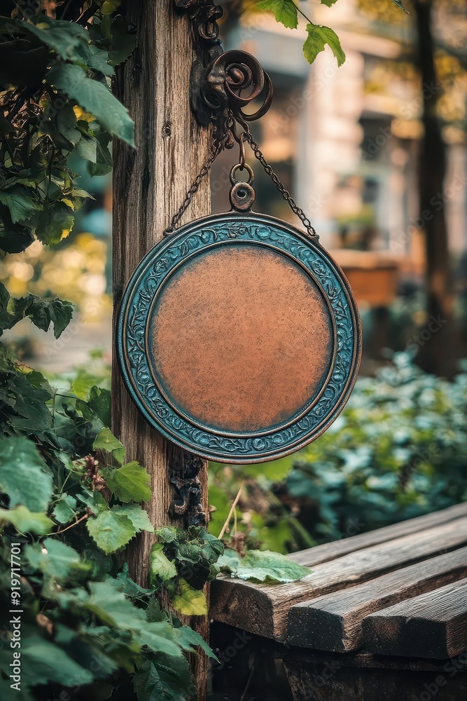Vintage circular store signage design mockup isolated, copper alloy ...