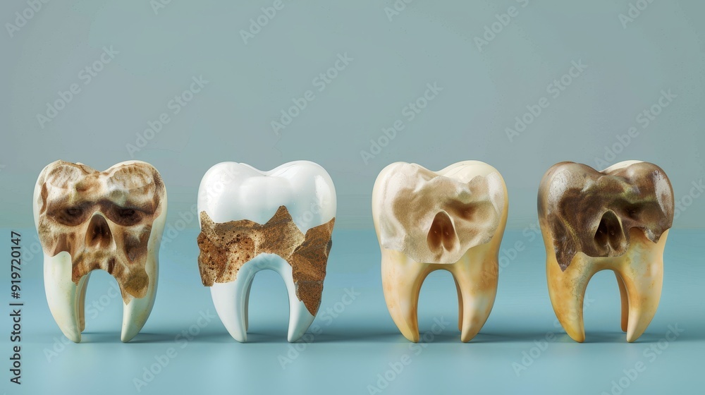 Four decaying teeth with skull-shaped cavities symbolizing the stages ...