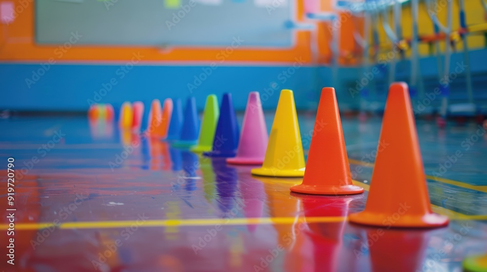 Colorful cones on the gym floor, a sport for children to practice ...