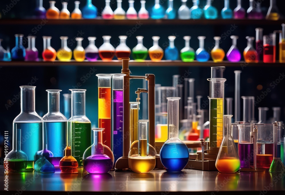 colorful detailed laboratory equipment vibrant materials including test ...