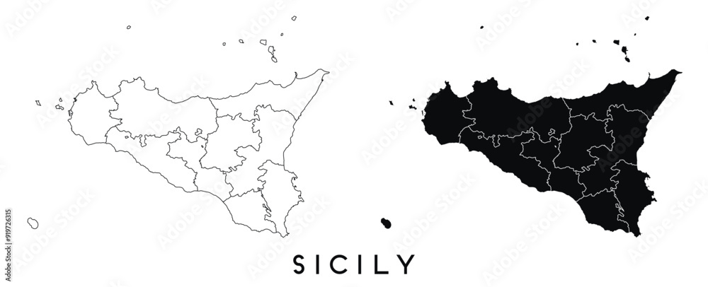 Sicily map of regions districts vector black on white and outline Stock ...