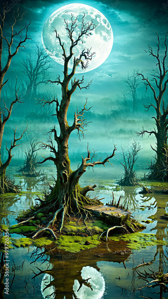 scary swamp scenery, Halloween product display background, dead tree ...