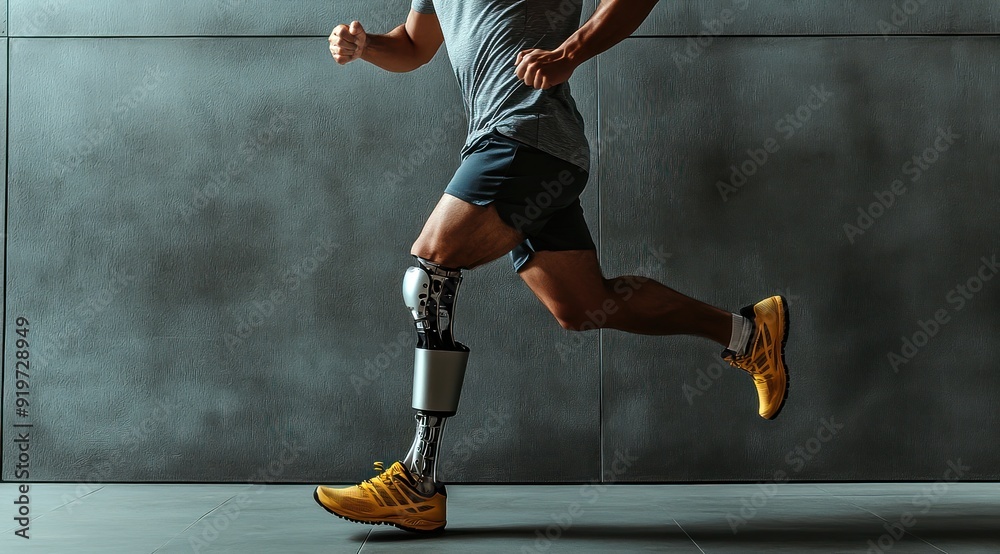 Un homme avec une prothèse de jambe courant en tenue de sport, mur gris ...