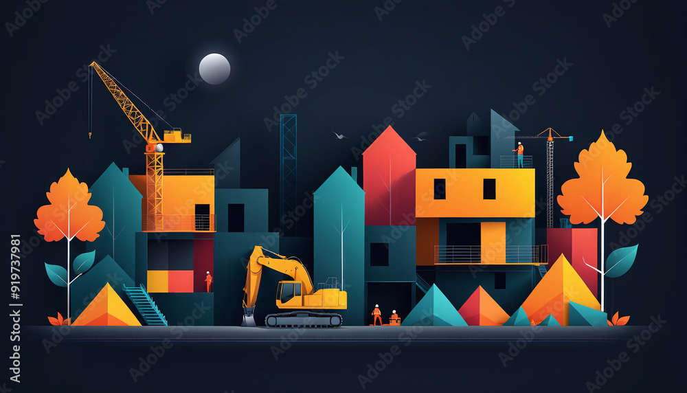Illustrative graphic depiction of an inner-city construction site ...