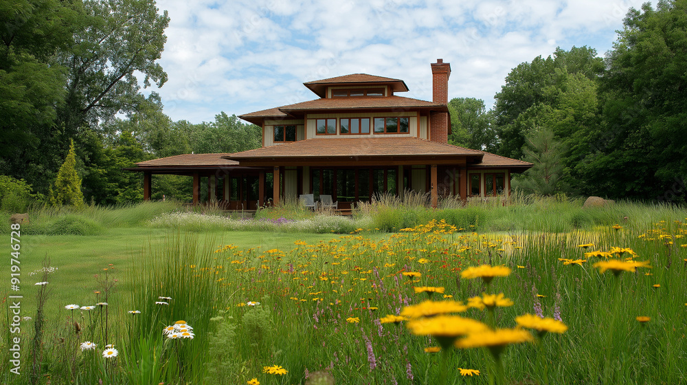 19. Prairie-style house with a wide porch, native plant garden, prairie ...