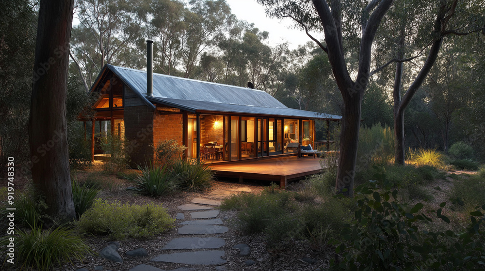 40. Australian bush house with a native plant garden, eucalyptus trees ...