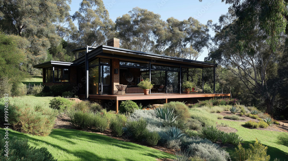 40. Australian bush house with a native plant garden, eucalyptus trees ...