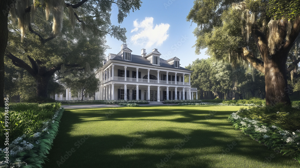 47. Southern plantation house with magnolia trees, a grand lawn, and a ...