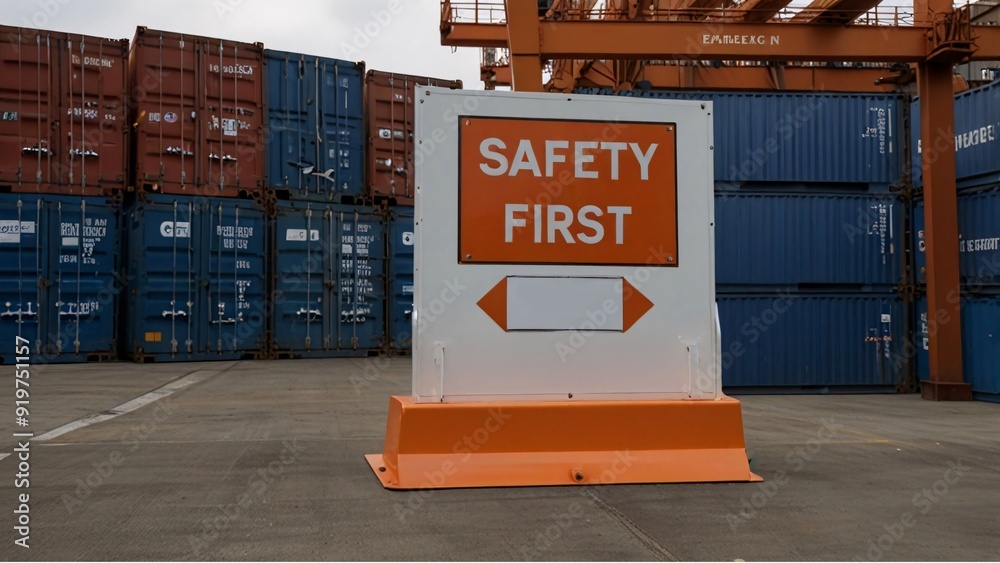 Safety first signs port around the containers. Transport and logistics ...