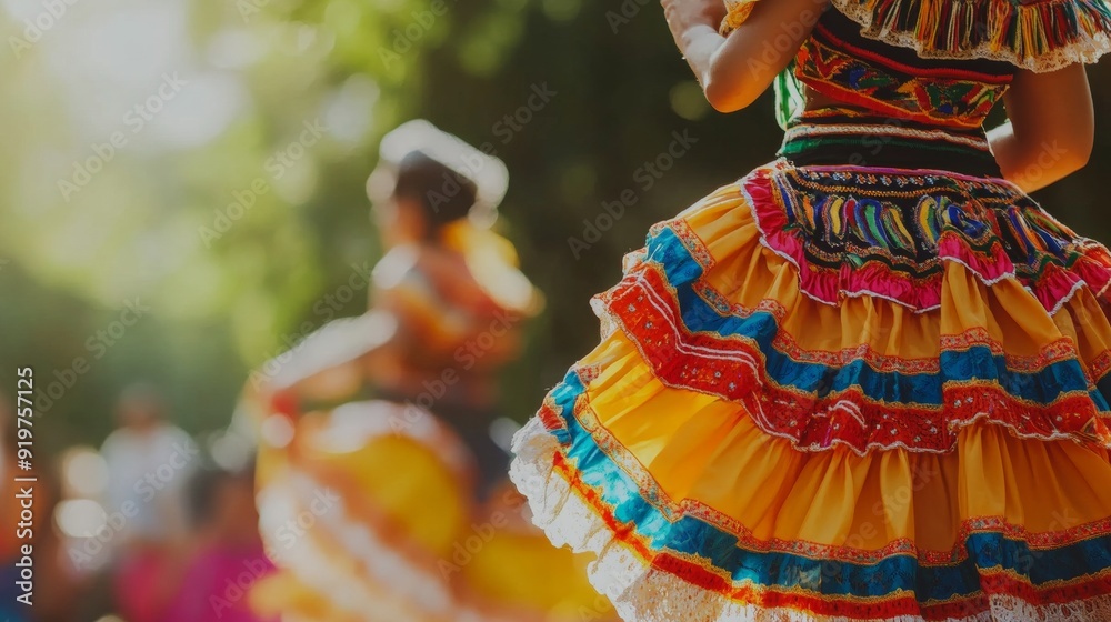 Colorful traditional dresses worn by women dancing outdoors. Bright ...