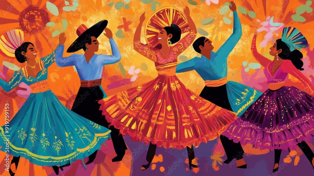 Women in colorful hats and traditional attire. The painting style is ...